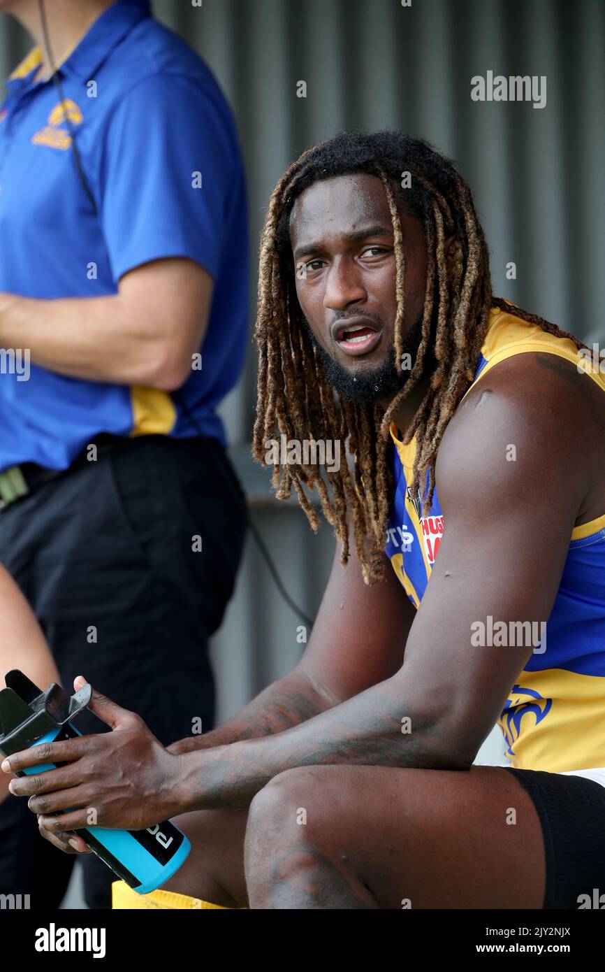 West Coast Eagles ruckman Nic Naitanui is seen on the bench for the ...