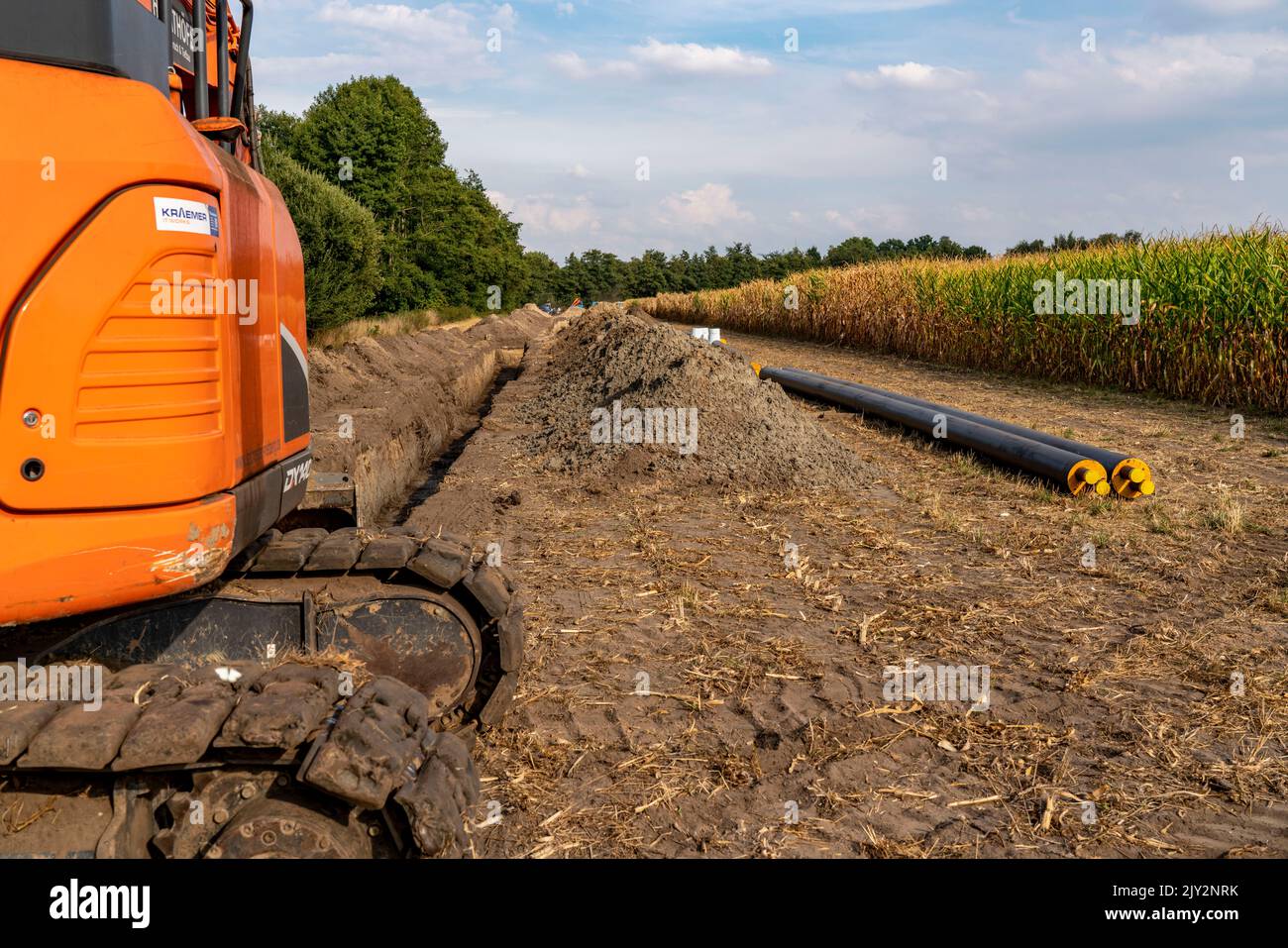 Laying of district heating pipes, next to a field, with maize, the district heating comes from a ...