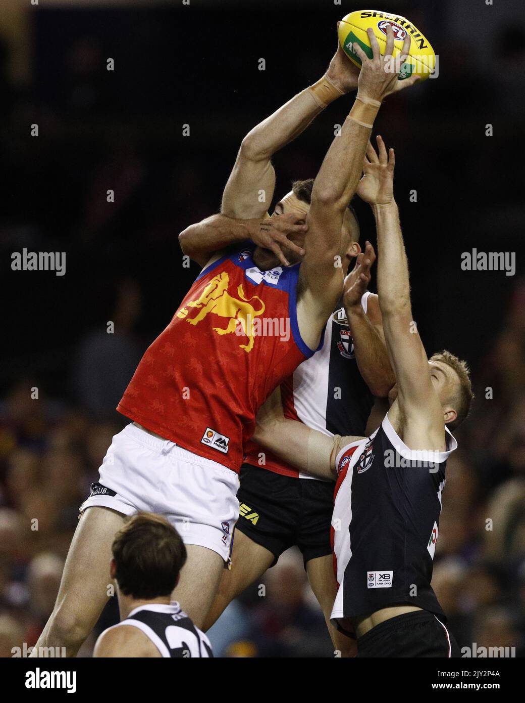Oscar McInerney of the Lions flies for a contested mark during the ...