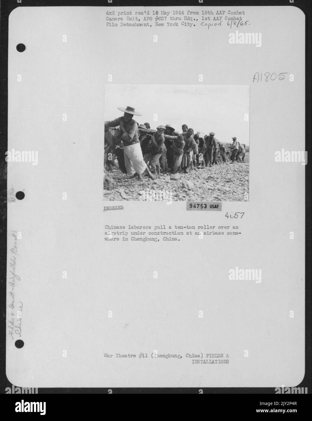 Chinese Laborers Pull A Ten-Ton Roller Over An Airstrip Under ...