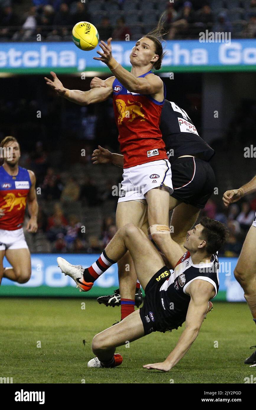 Eric Hipwood of the Lions flies for a mark during the Round 14 AFL ...