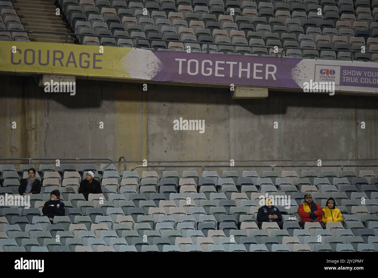 Brumbies fans sit in empty stands during the Super Rugby quarter final ...