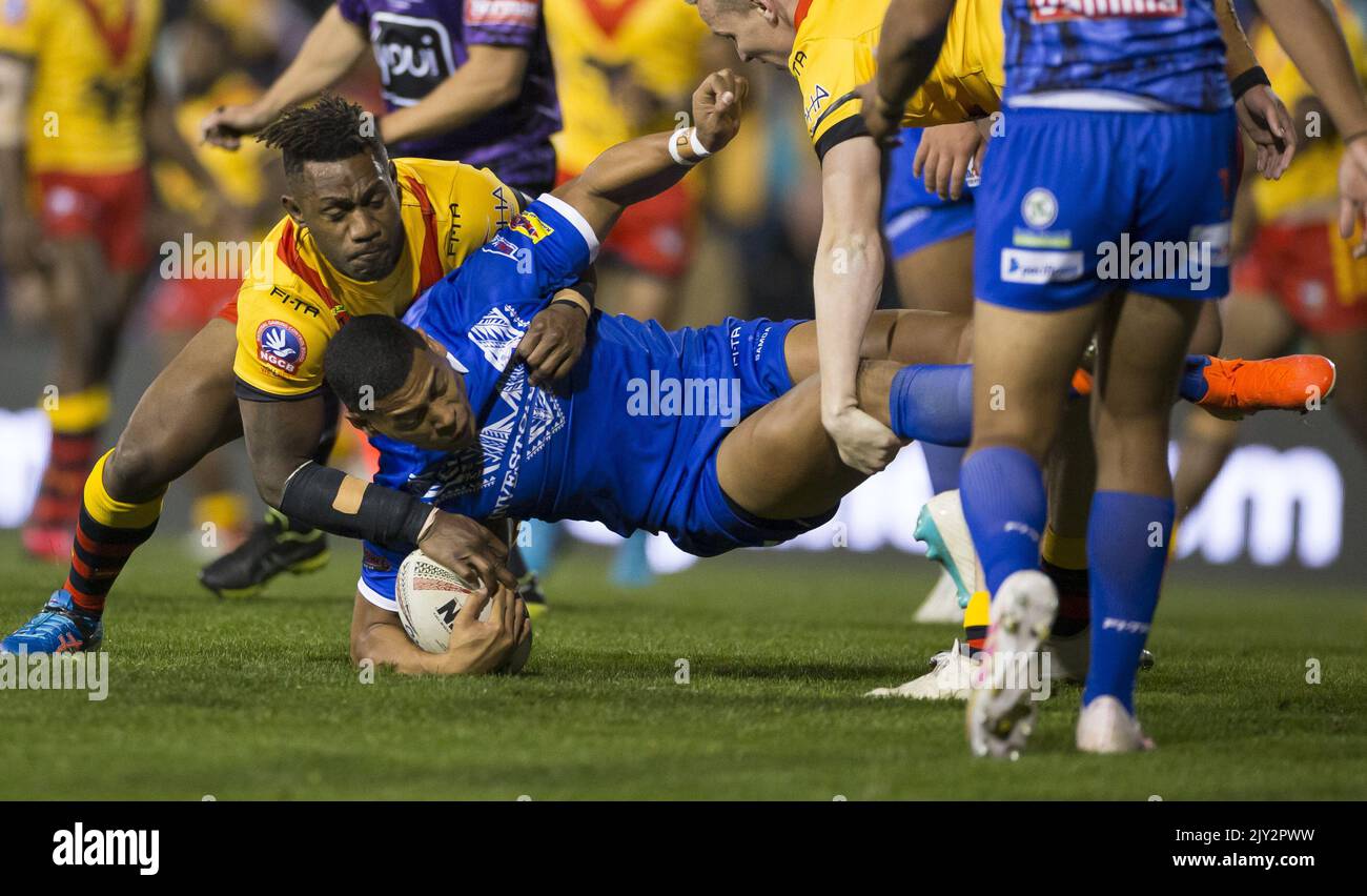 Jamayne Isaako of Samoa is tackled during the Pacific Test Invitational ...