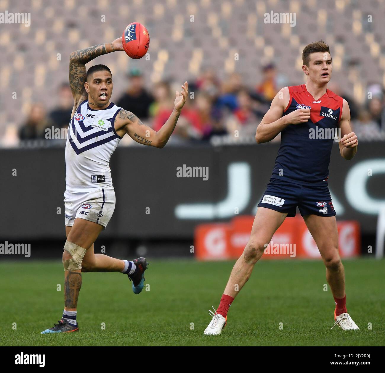 Michael Walters of the Dockers (left) and Bayley Fritsch of the Demons ...
