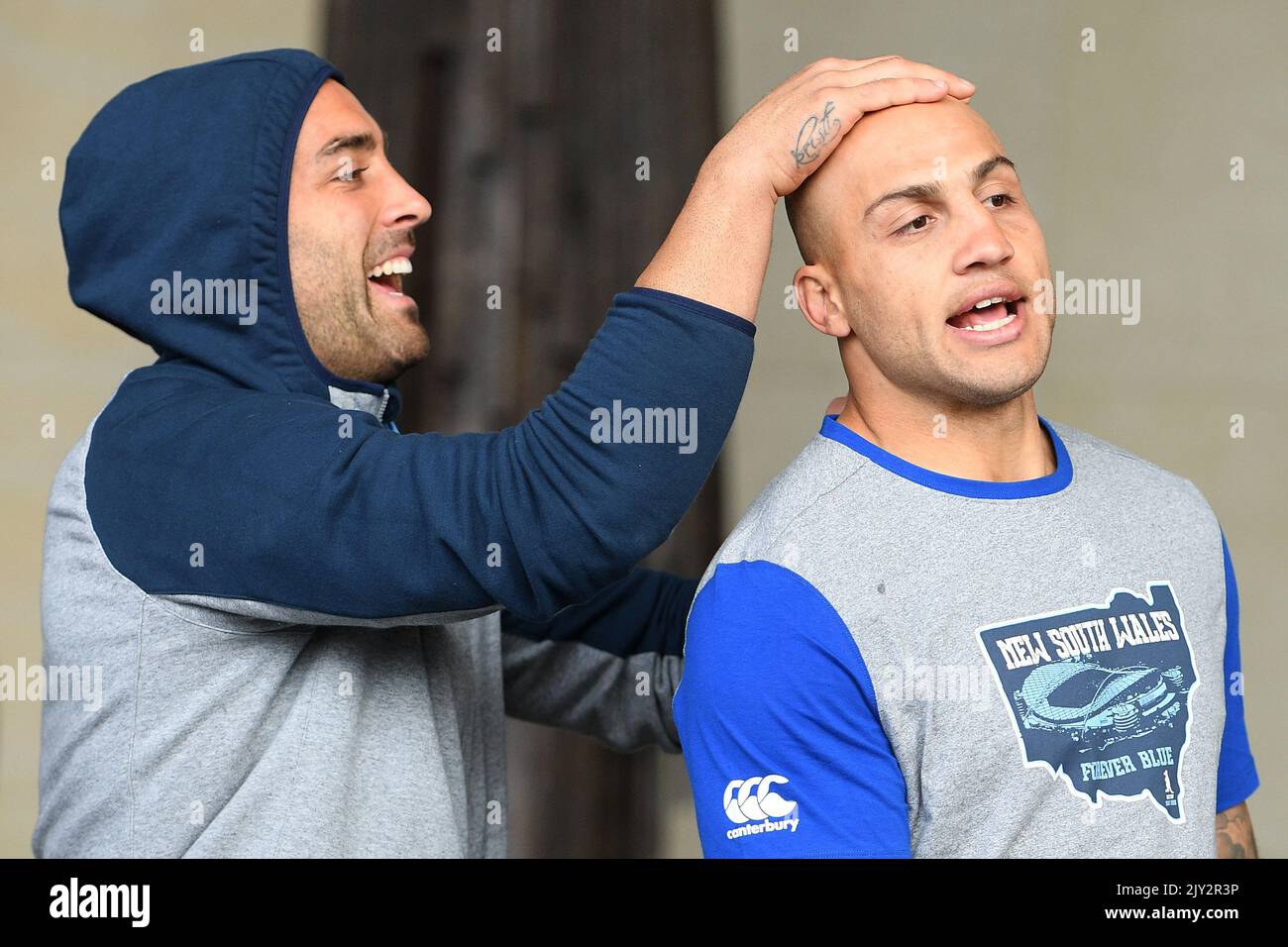 NSW Blues players Paul Vaughan and Blake Ferguson take part in a team ...