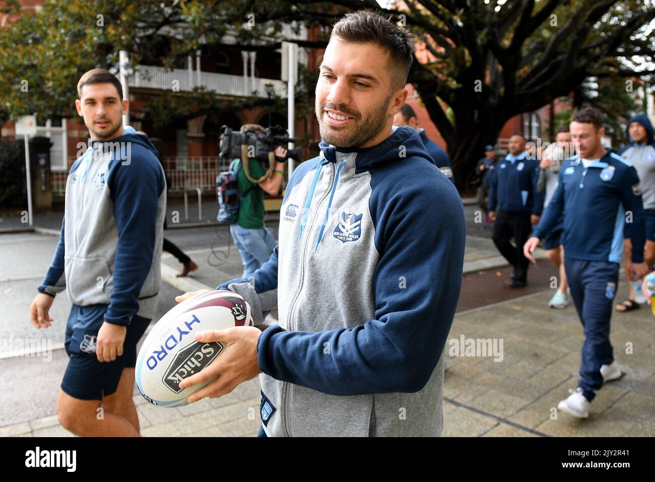 NSW Blues players James Tedesco and Ryan Matterson (left) take part in ...