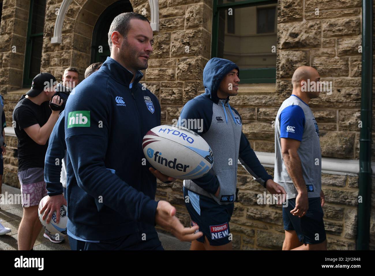 (L-R) NSW Blues players Boyd Cordner, Tyson Frizell and Blake Ferguson ...