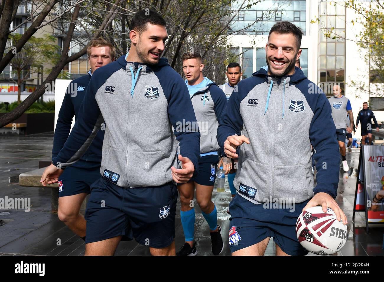 NSW Blues players Ryan Matterson and James Tedesco (right) take part in ...