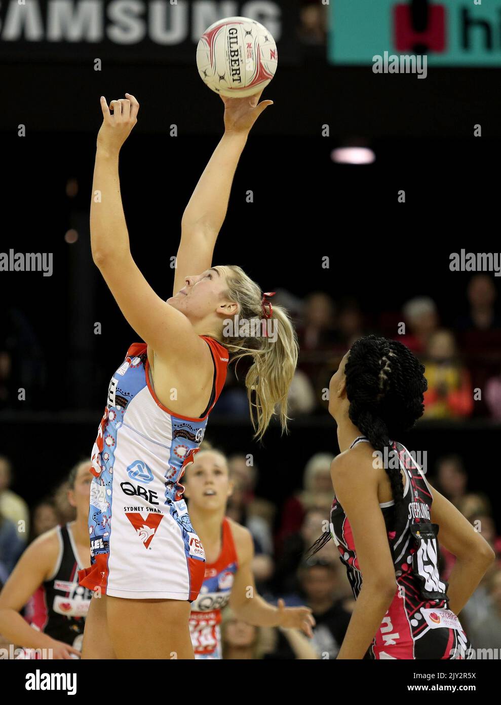 Sophie Garbin of the Swifts flies during the Round 9 Super Netball ...