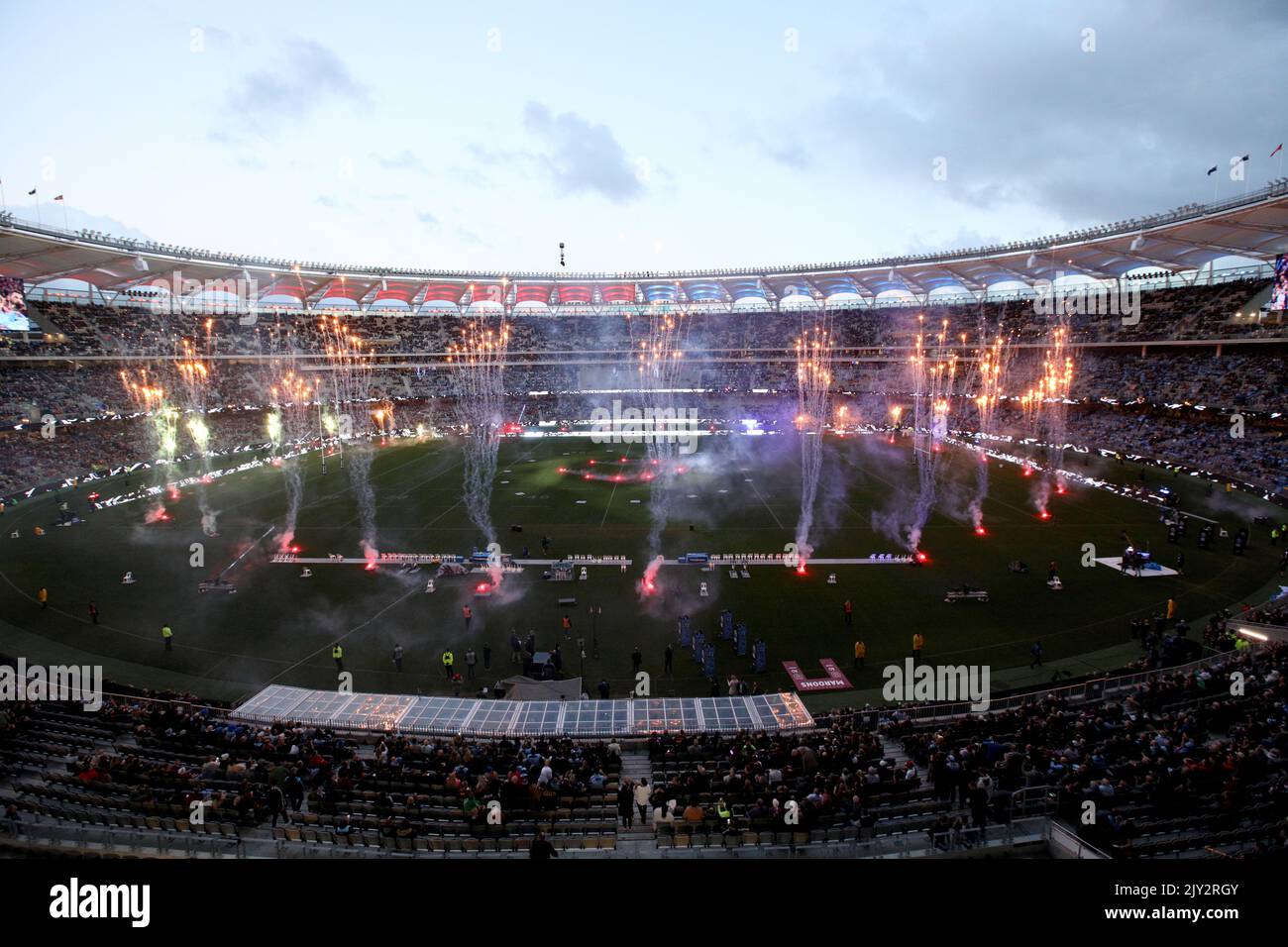 Fireworks are seen before Game 2 of the 2019 State of Origin series ...