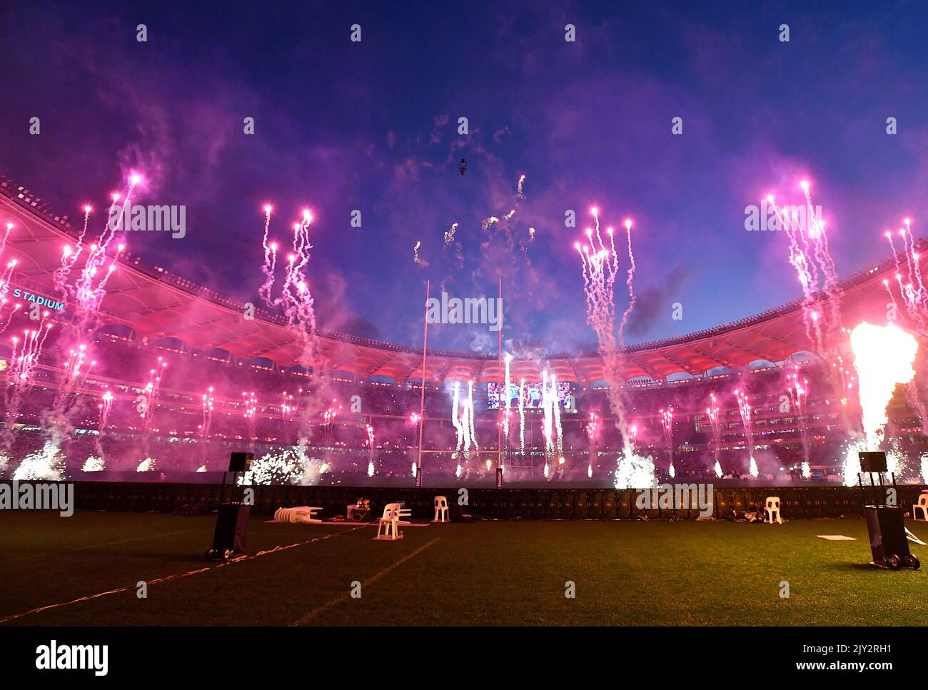 Fireworks are seen during pre-game entertaiment ahead of Game 2 of the ...