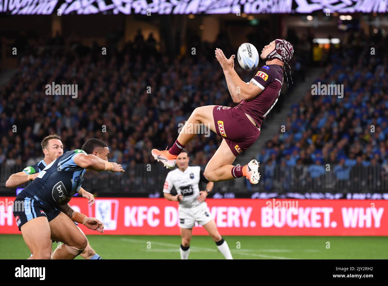 Kalyn Ponga of the Maroons contests a high ball during Game 2 of the ...
