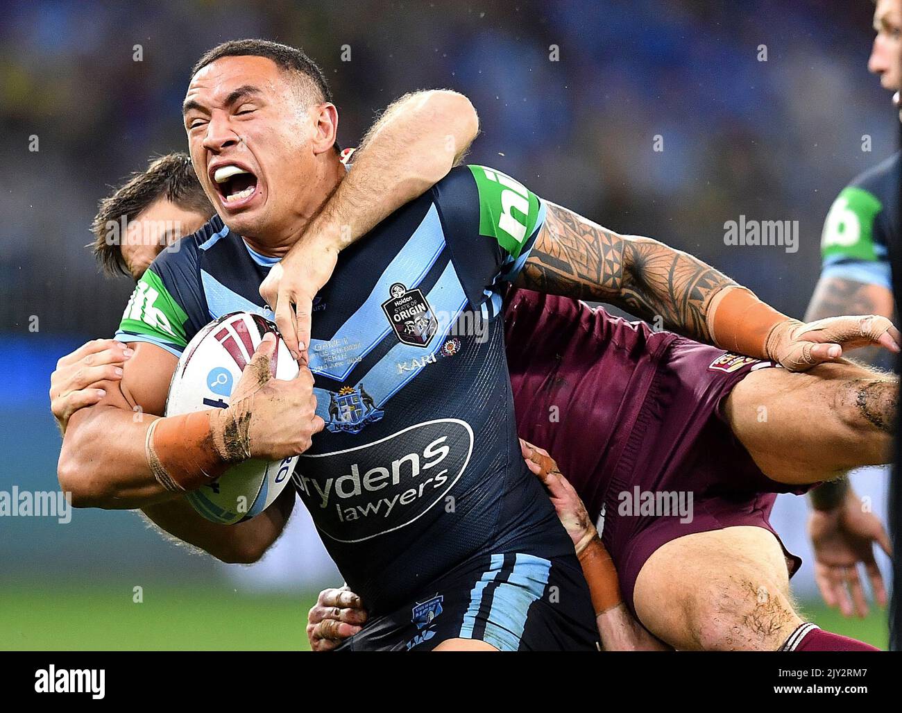 Tyson Frizell of the Blues is tackled high during Game 2 of the 2019 ...