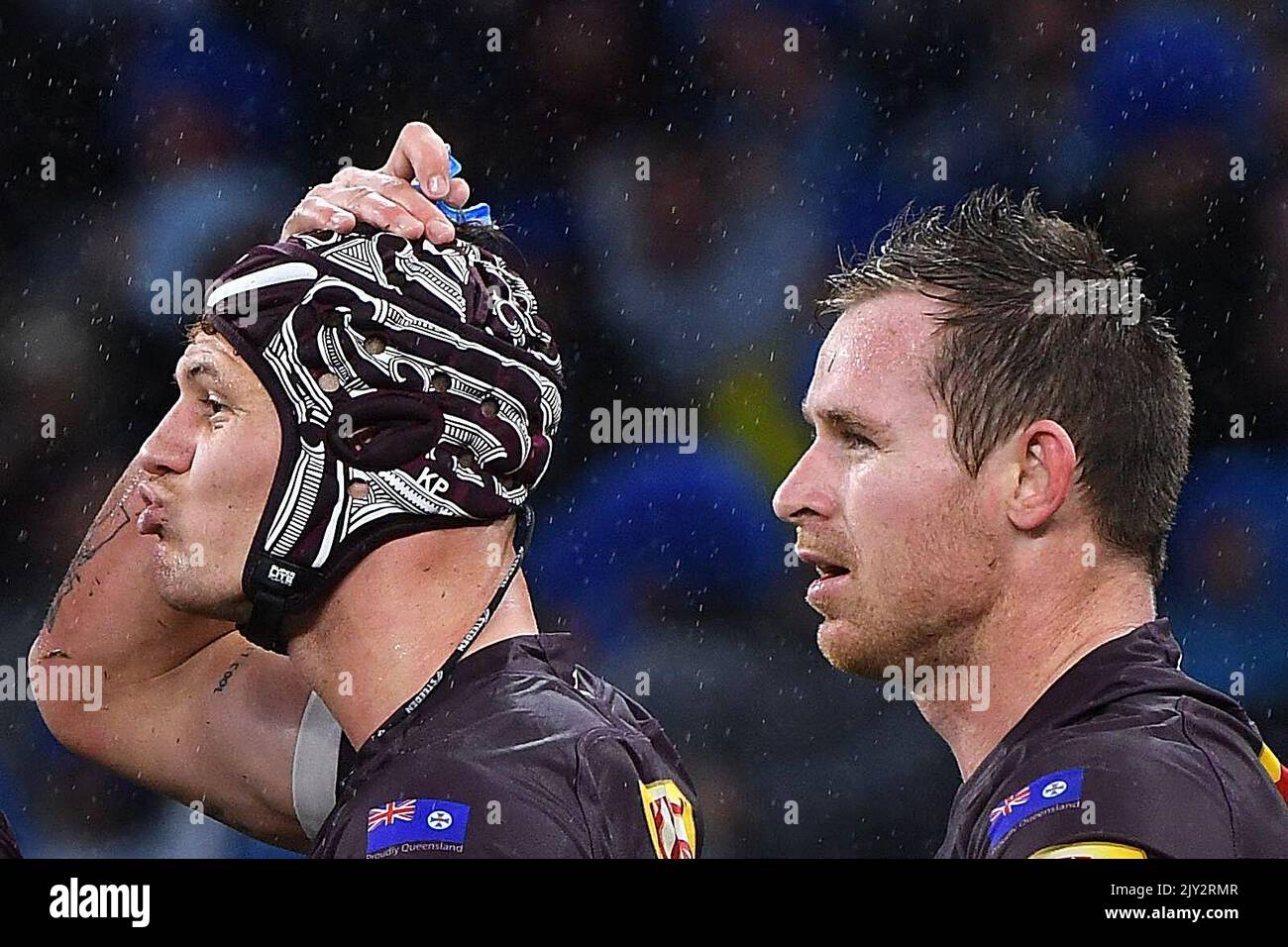 Maroons players look on after a Blues try during Game 2 of the 2019 ...