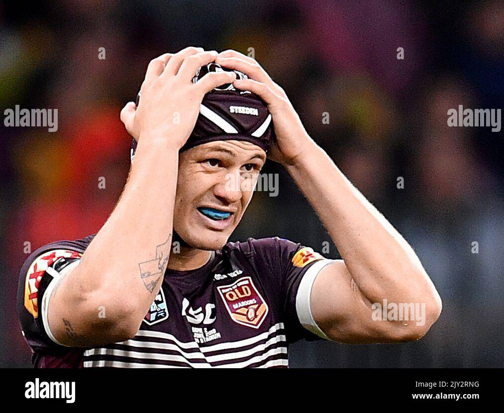 Kalyn Ponga of the Maroons is seen reacting during Game 2 of the 2019 ...