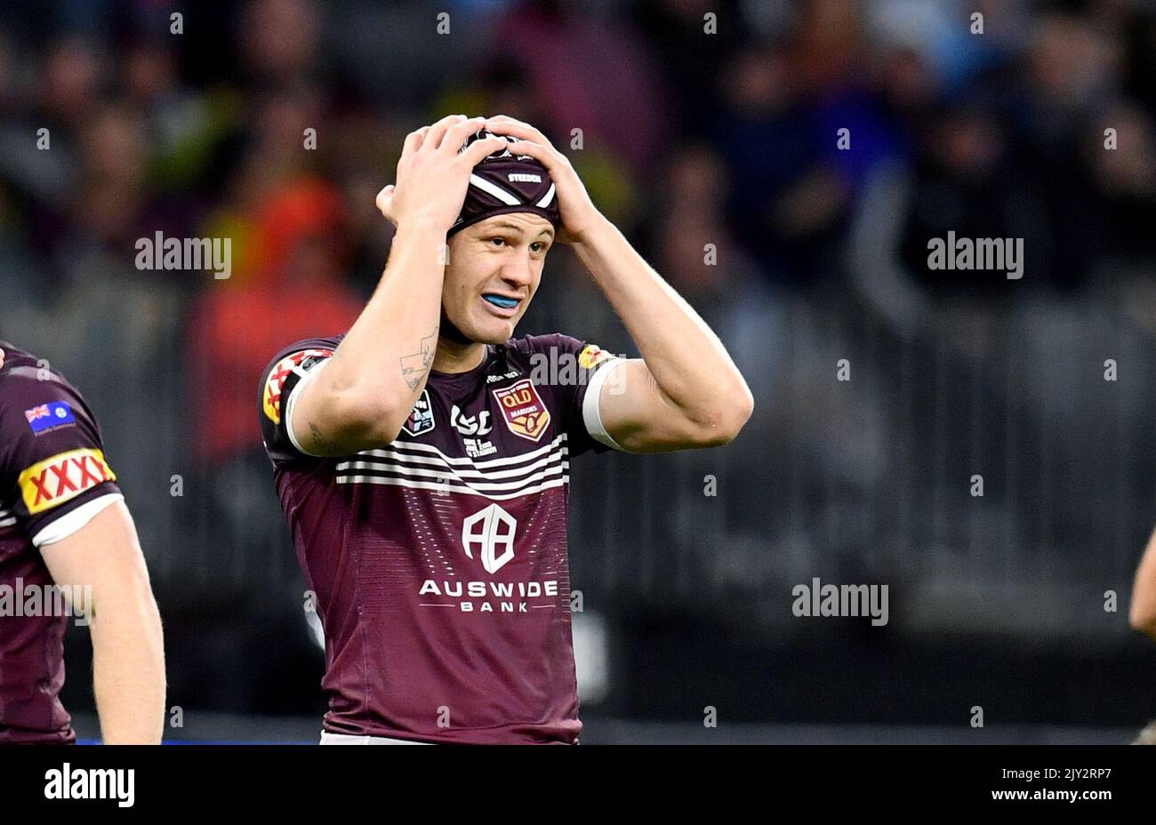Kalyn Ponga of the Maroons is seen reacting during Game 2 of the 2019 ...