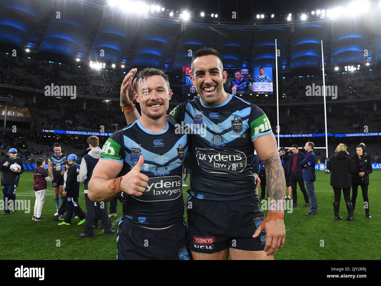Blues players Damien Cook (left) and Paul Vaughan celebrate following ...