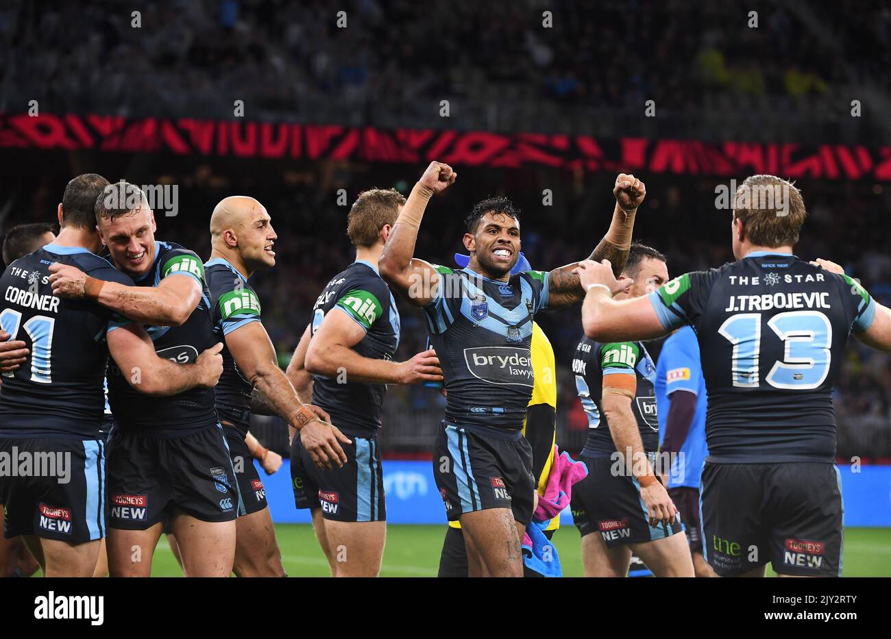 Josh Addo-Carr of the Blues reacts after scoring a try during Game 2 of ...
