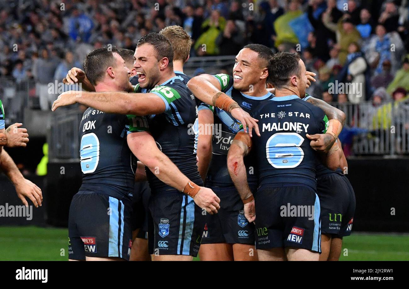 Blues players celebrate the try of Josh Addo-Carr during Game 2 of the ...