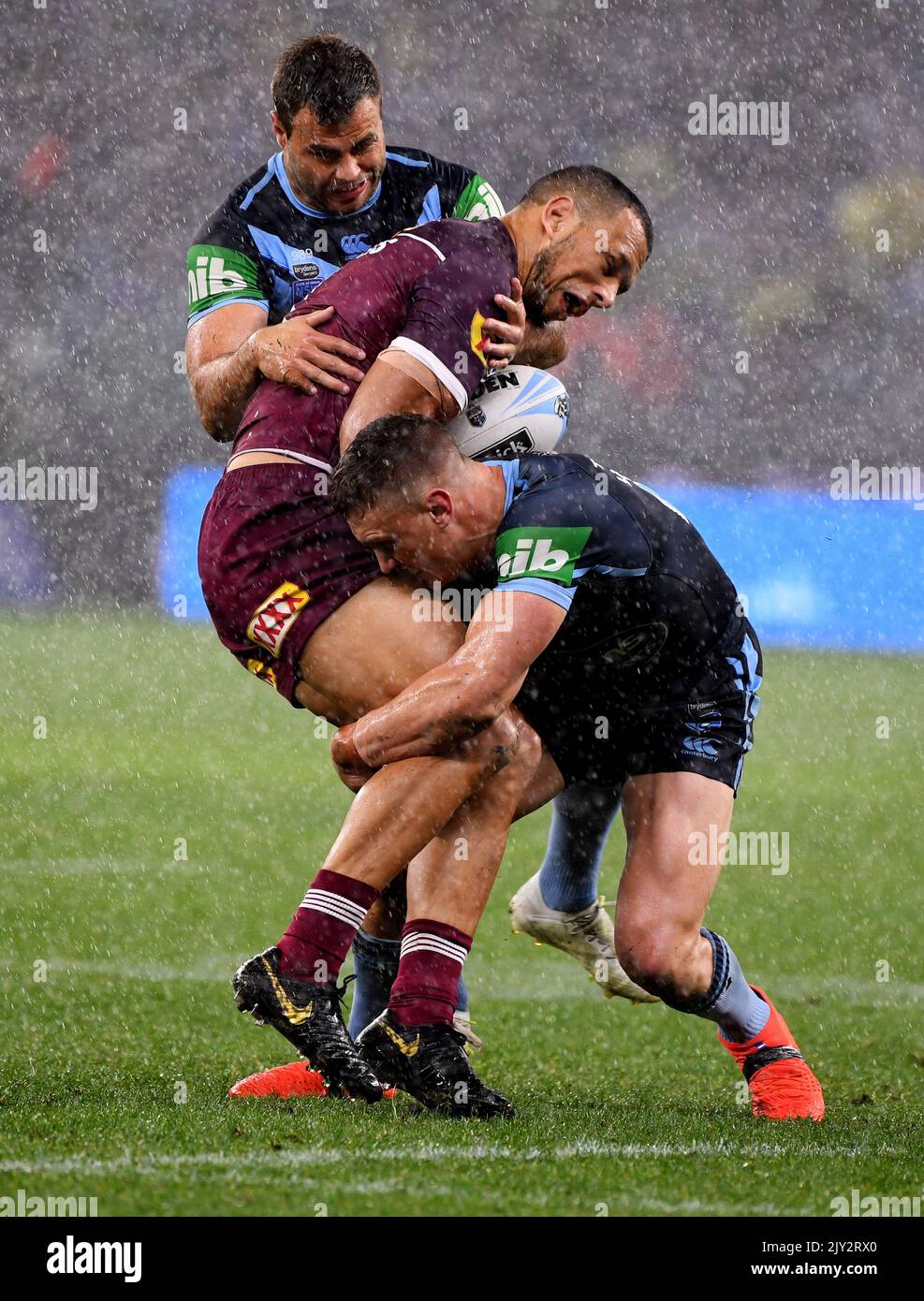Will Chambers of the Maroons is tackled during Game 2 of the 2019 State ...