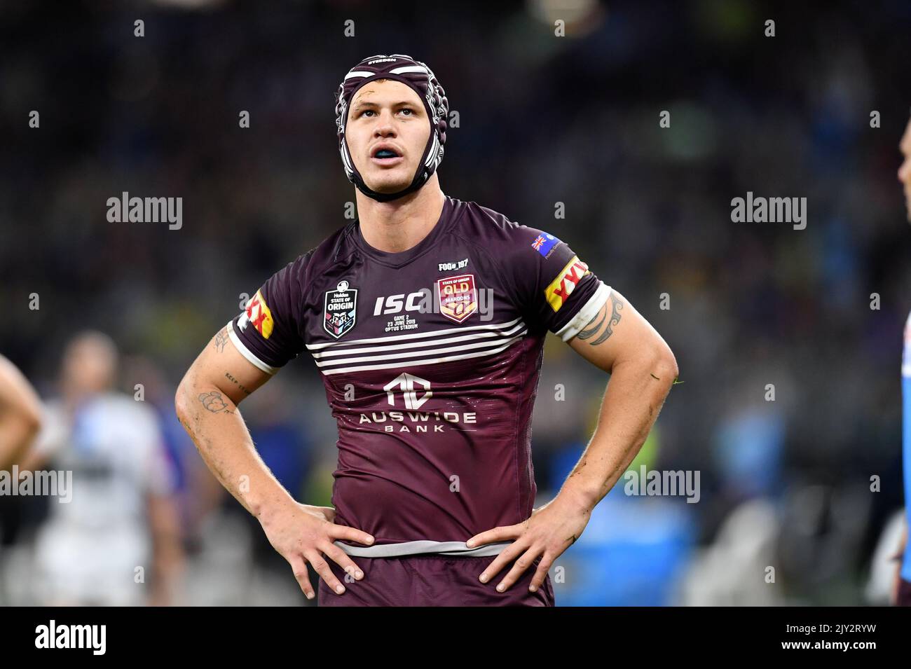 Kalyn Ponga of the Maroons is seen after a Blues try during Game 2 of ...