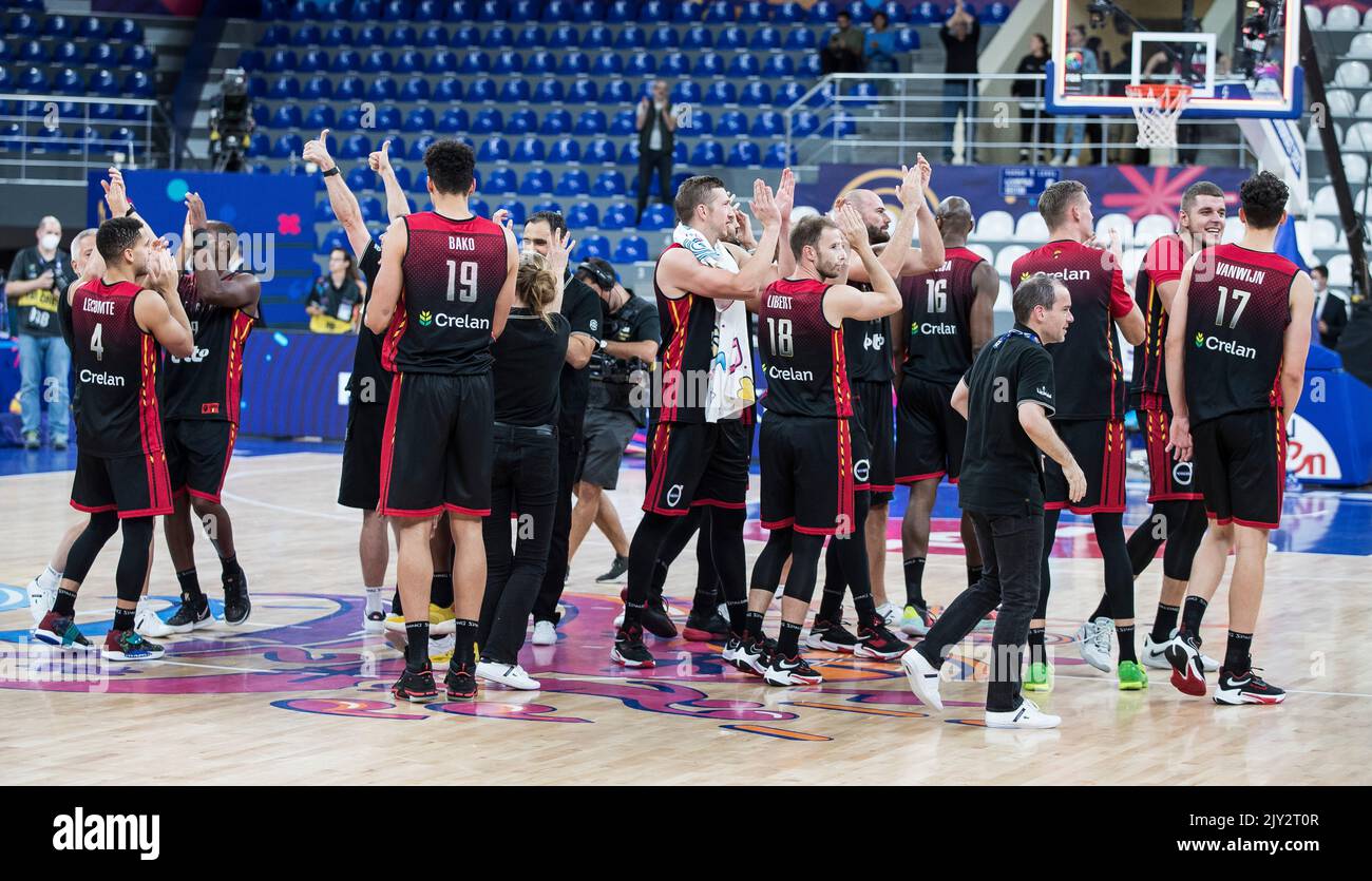 Belgian players celebrate after winning a basketball match between ...