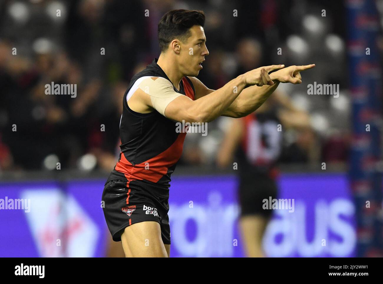 Dylan Shiel of the Bombers reacts after kicking a goal during the Round ...
