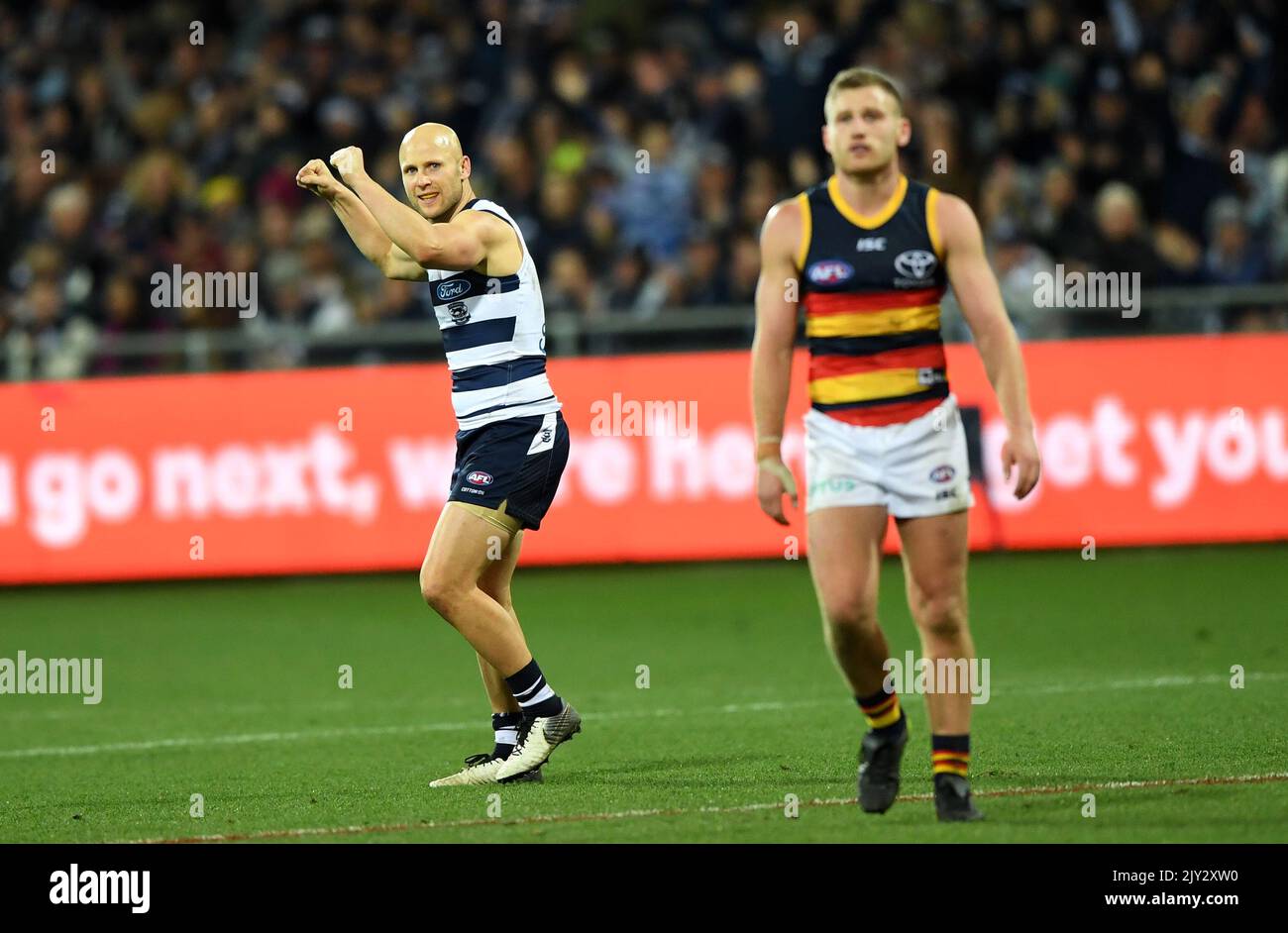 Gary Ablett of the Cats (left) reacts after kicking a goal during the ...