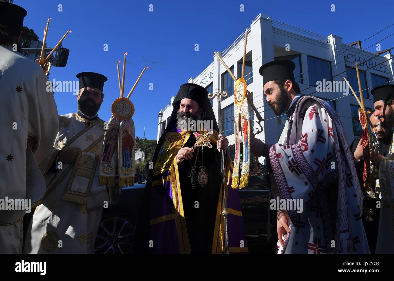 New Greek Orthodox leader Archbishop Makarios (centre) is seen arriving ...