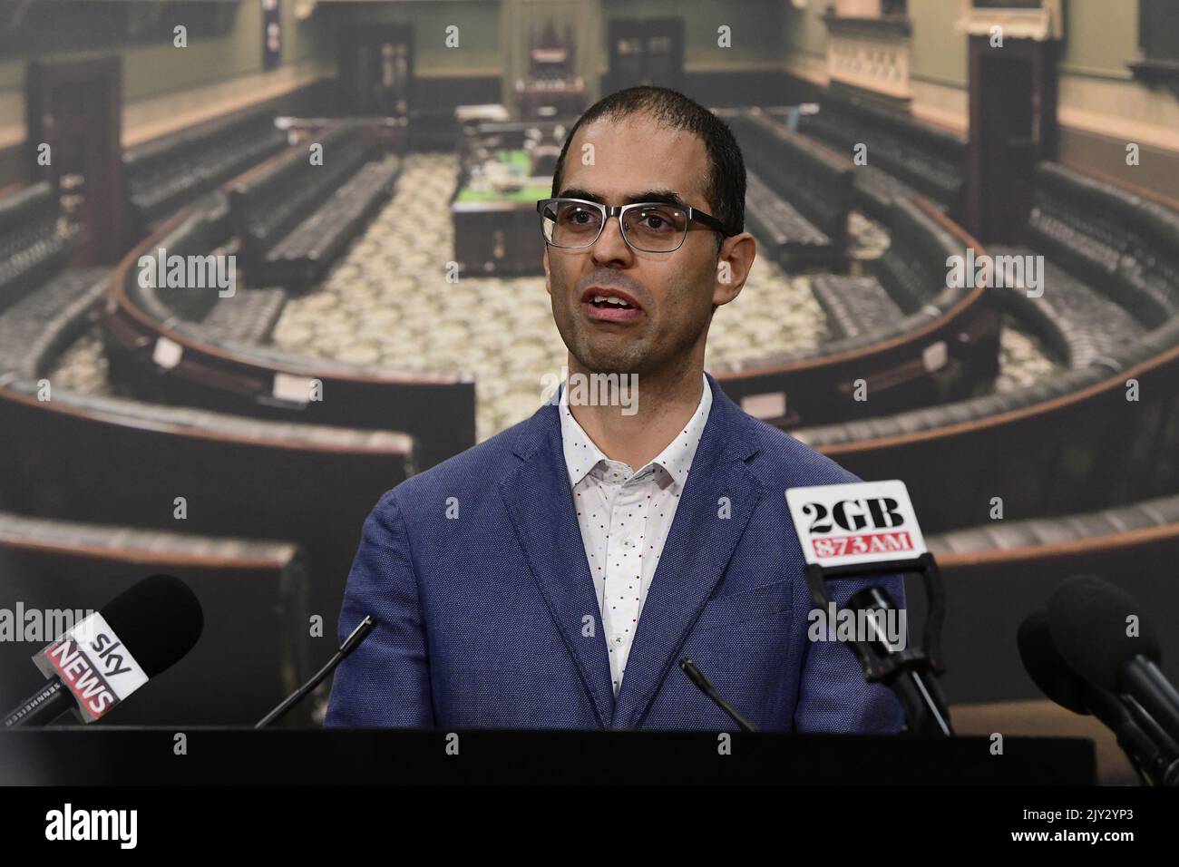 NSW Labor Returning Officer Daniel Mookhey address the media with an ...