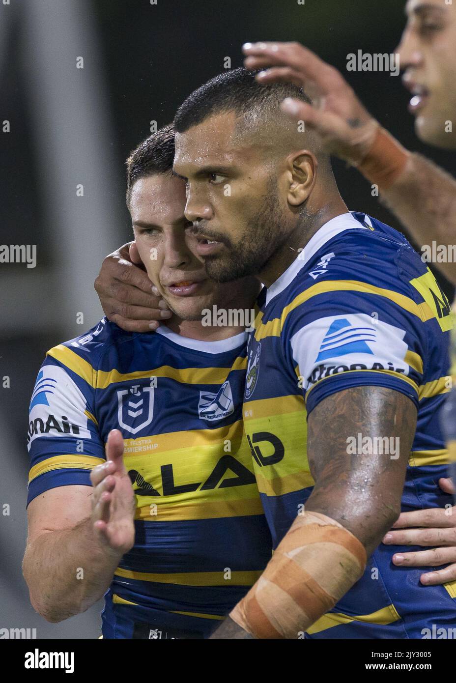 Mitchell Moses of the Eels celebrates after scoring during the Round 15 ...