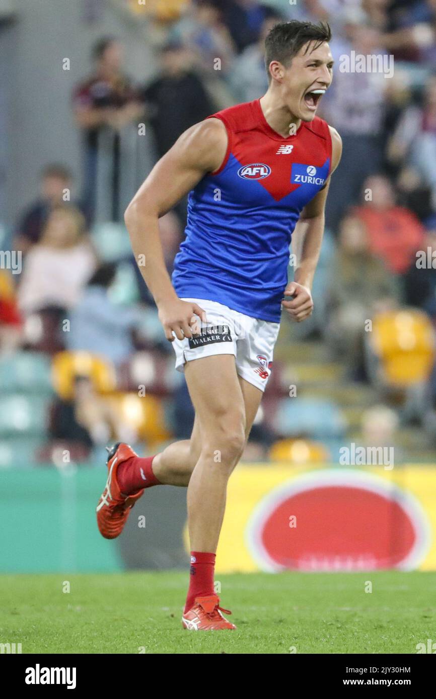Sam Weideman of the Demons celebrates scoring a goal during the Round ...