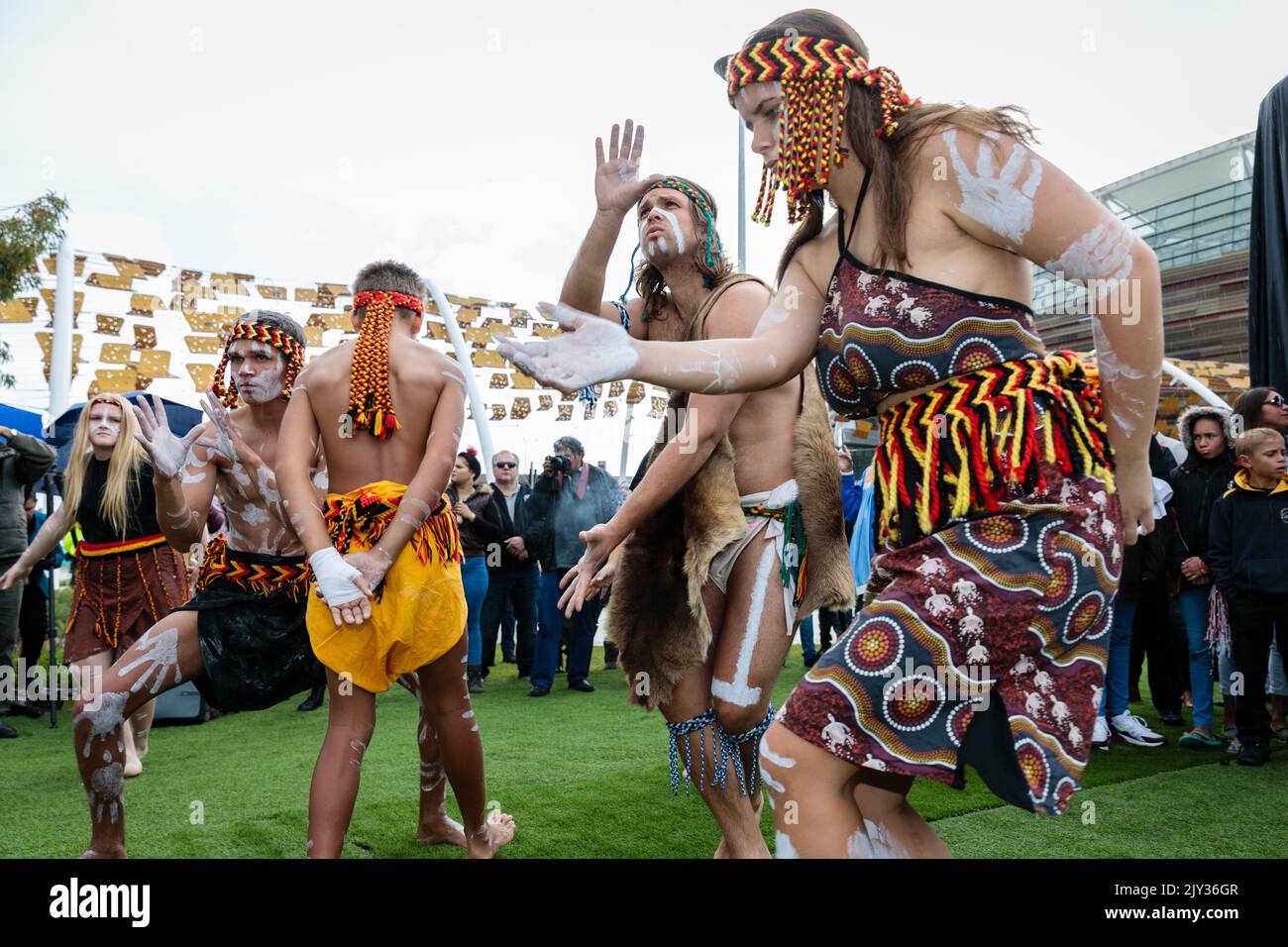 Noongar dancers perform before the unveiling of a statue of former St ...
