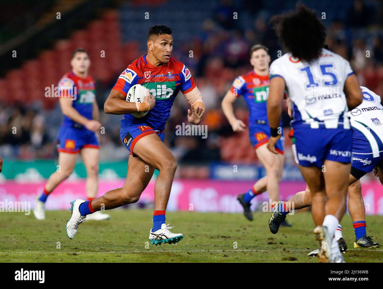 Jacob Saifiti of the Knights runs during the Round 16 NRL match between ...