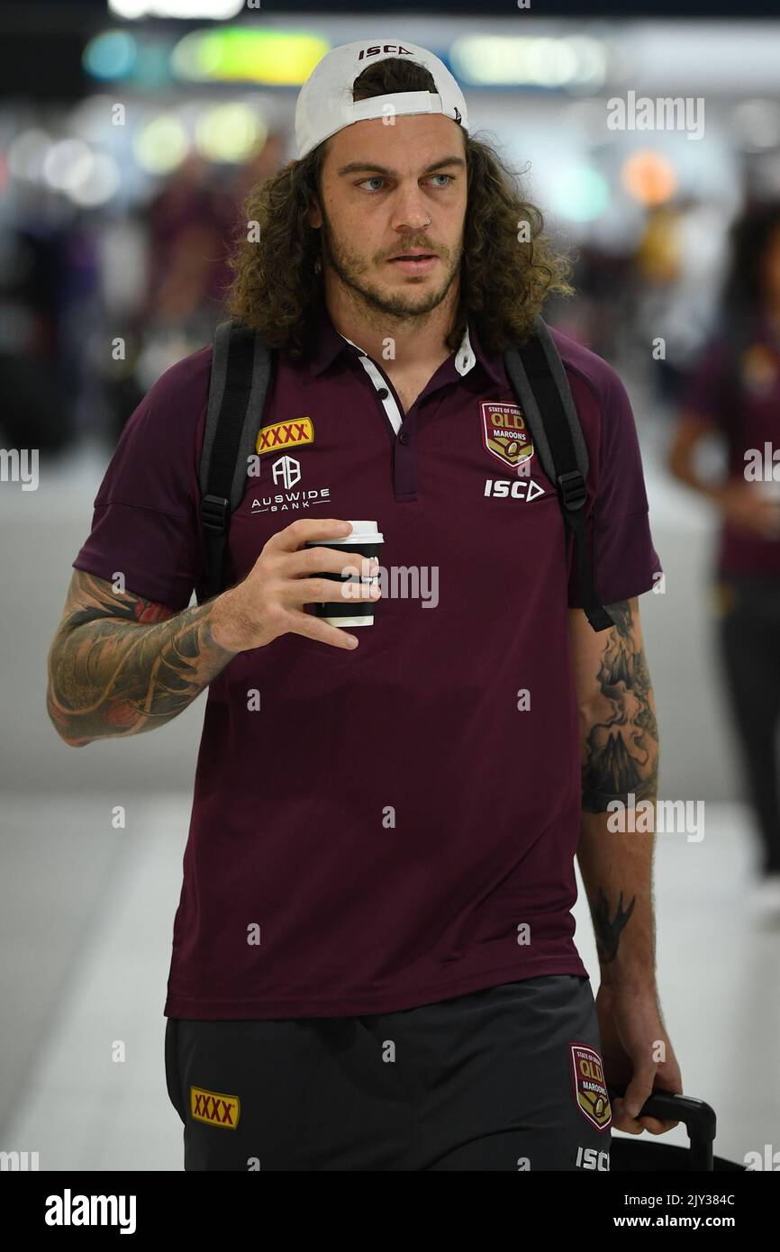 Queensland Maroons player Ethan Lowe arrives at Sydney Domestic Airport ...