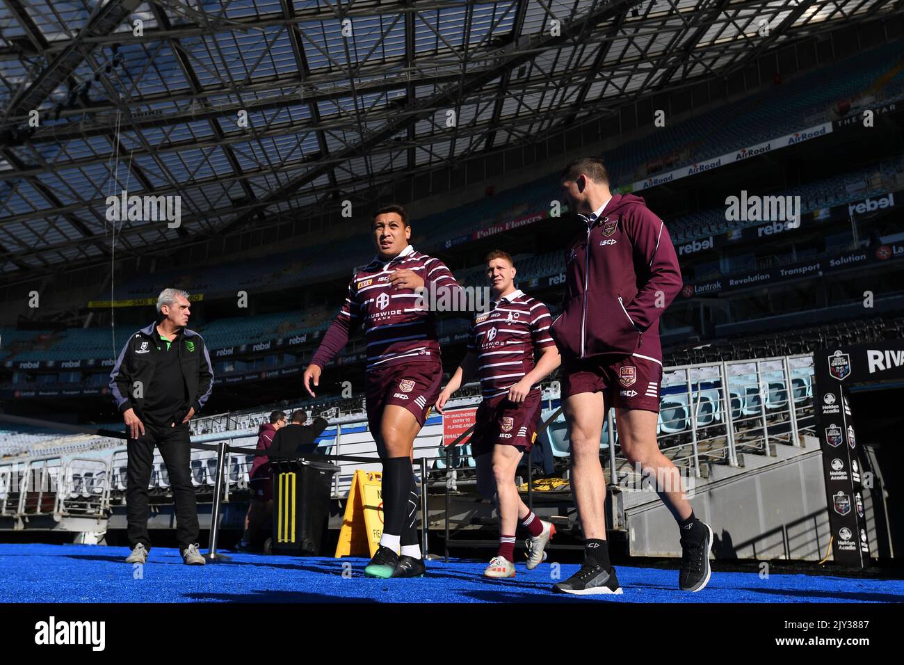 Queensland's Maroons' (left) Joe Papalii and Dylan Napa (centre) walk ...