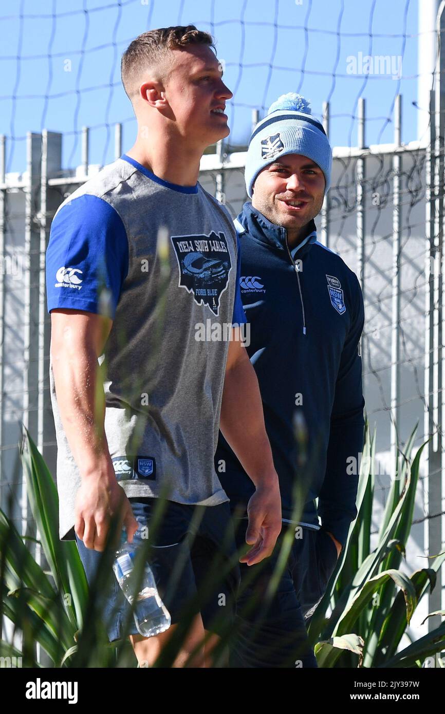 NSW Blues players Jack Wighton and Wade Graham (right) take part in a ...