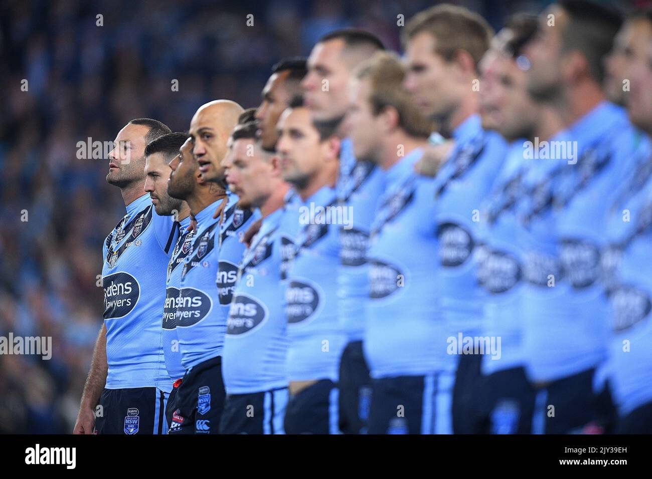 NSW Blues line up for the national anthem during Game 3 of the 2019 ...