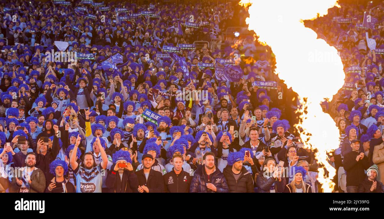 Blues fans cheer during Game 3 of the 2019 State of Origin series ...