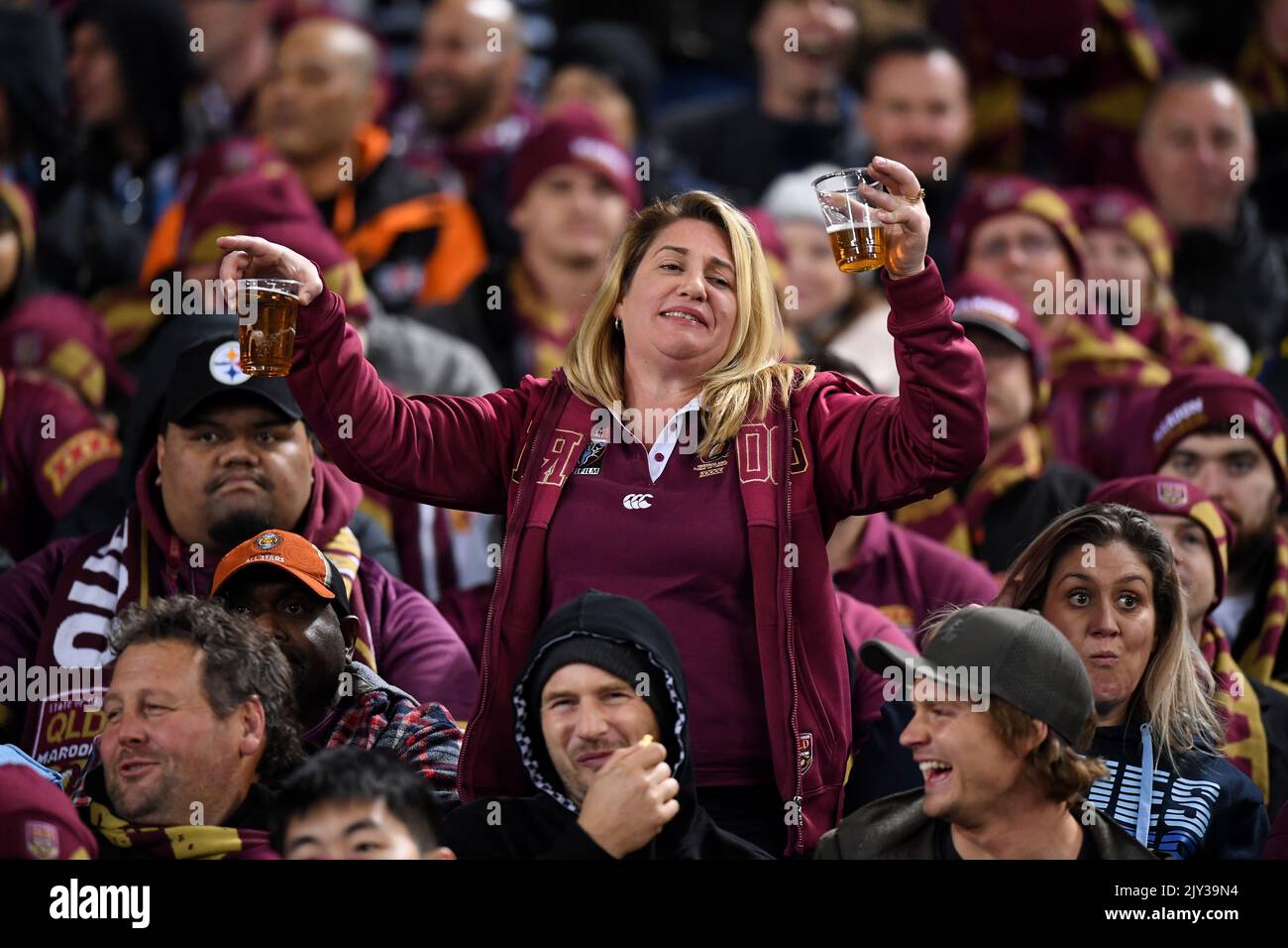 Queensland Maroons supporters react during Game 3 of the 2019 State of ...