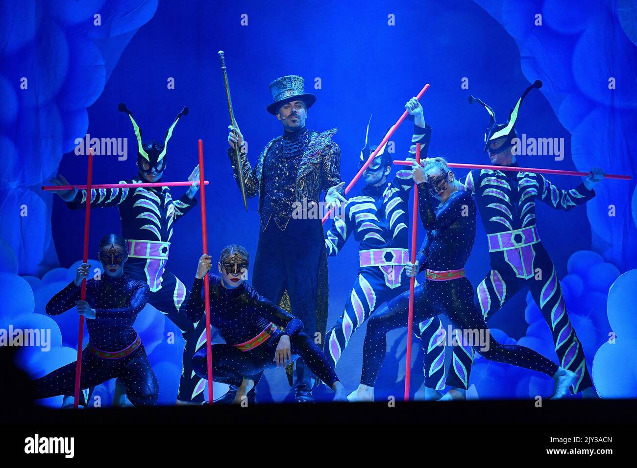 Cast member Luke Joslin (centre) performs onstage during a media call ...