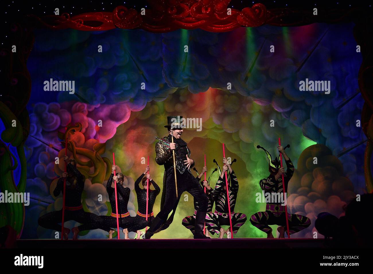 Cast member Luke Joslin (centre) performs onstage during a media call ...