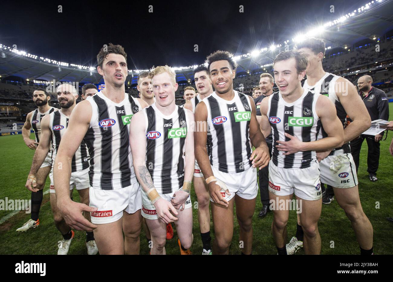 Collingwood celebrate after their win during the Round 17 AFL match ...