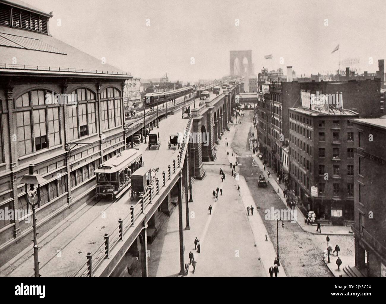 Brooklyn Bridge from the New York Side, showing Wagon Road, Trolley ...