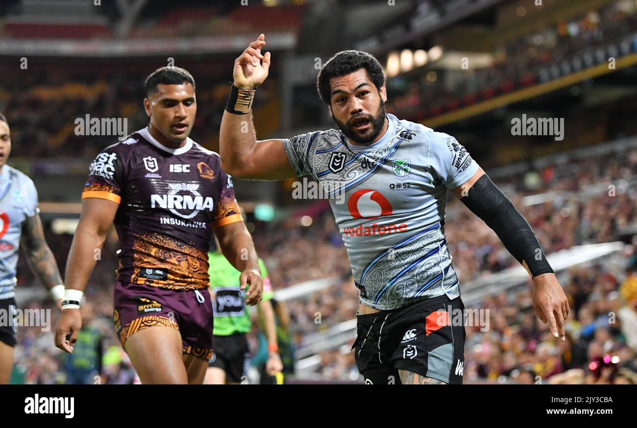 Adam Blair (right) of the Warriors celebrates scoring a try during the ...