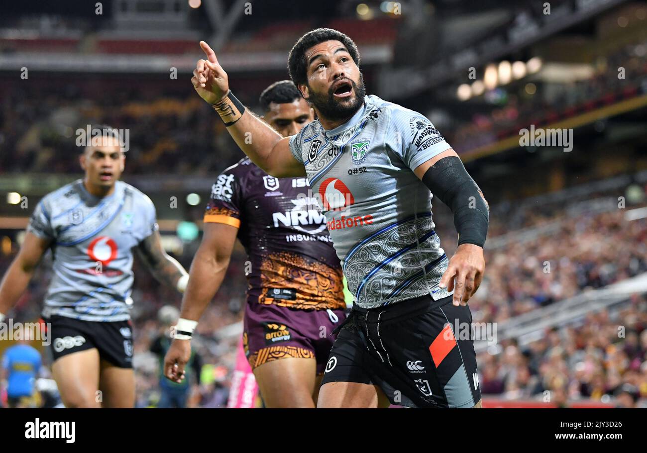 Adam Blair (right) of the Warriors celebrates scoring a try during the ...