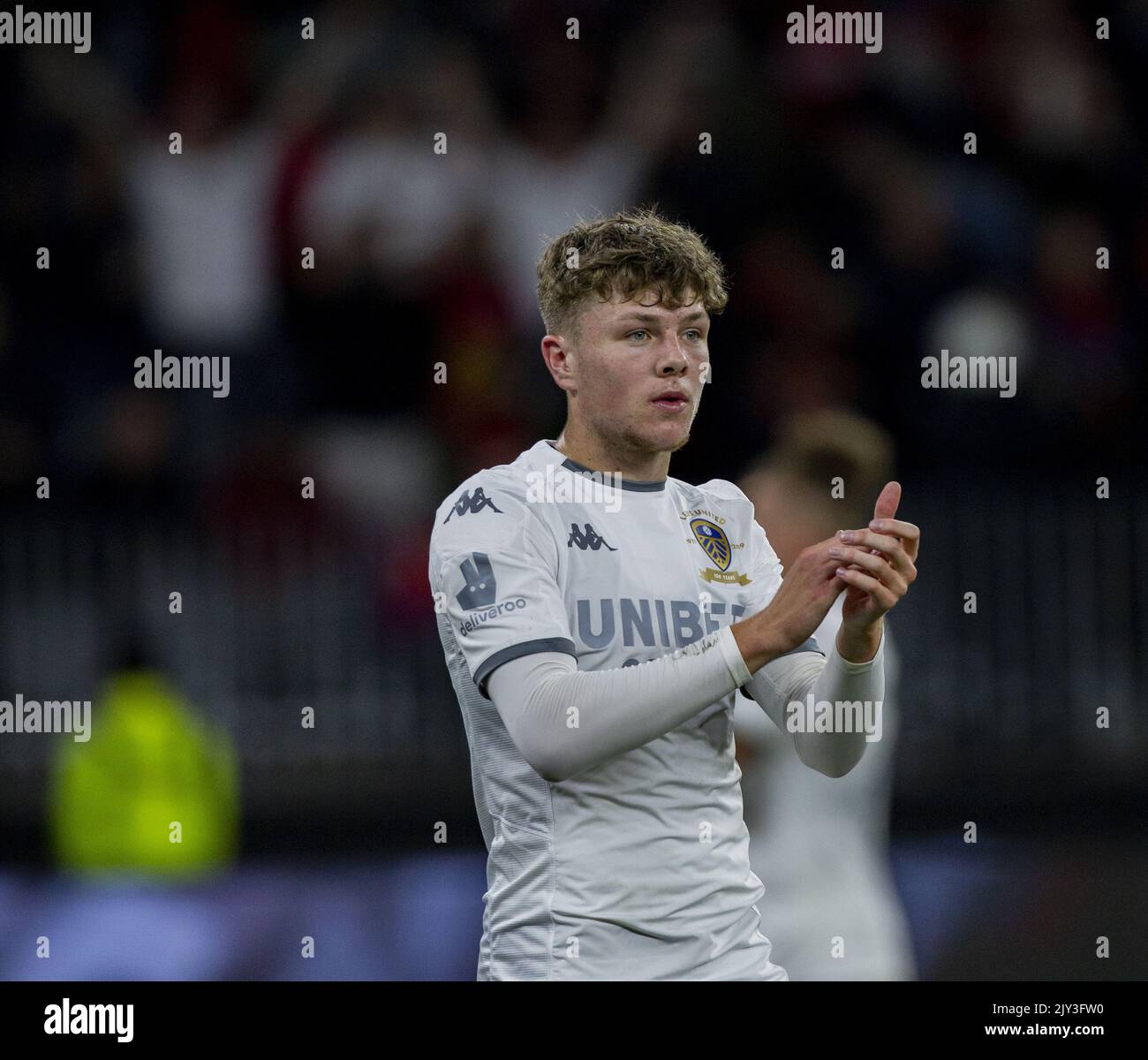 Jordan Stevens of Leeds thanks the fans after the Manchester United and ...