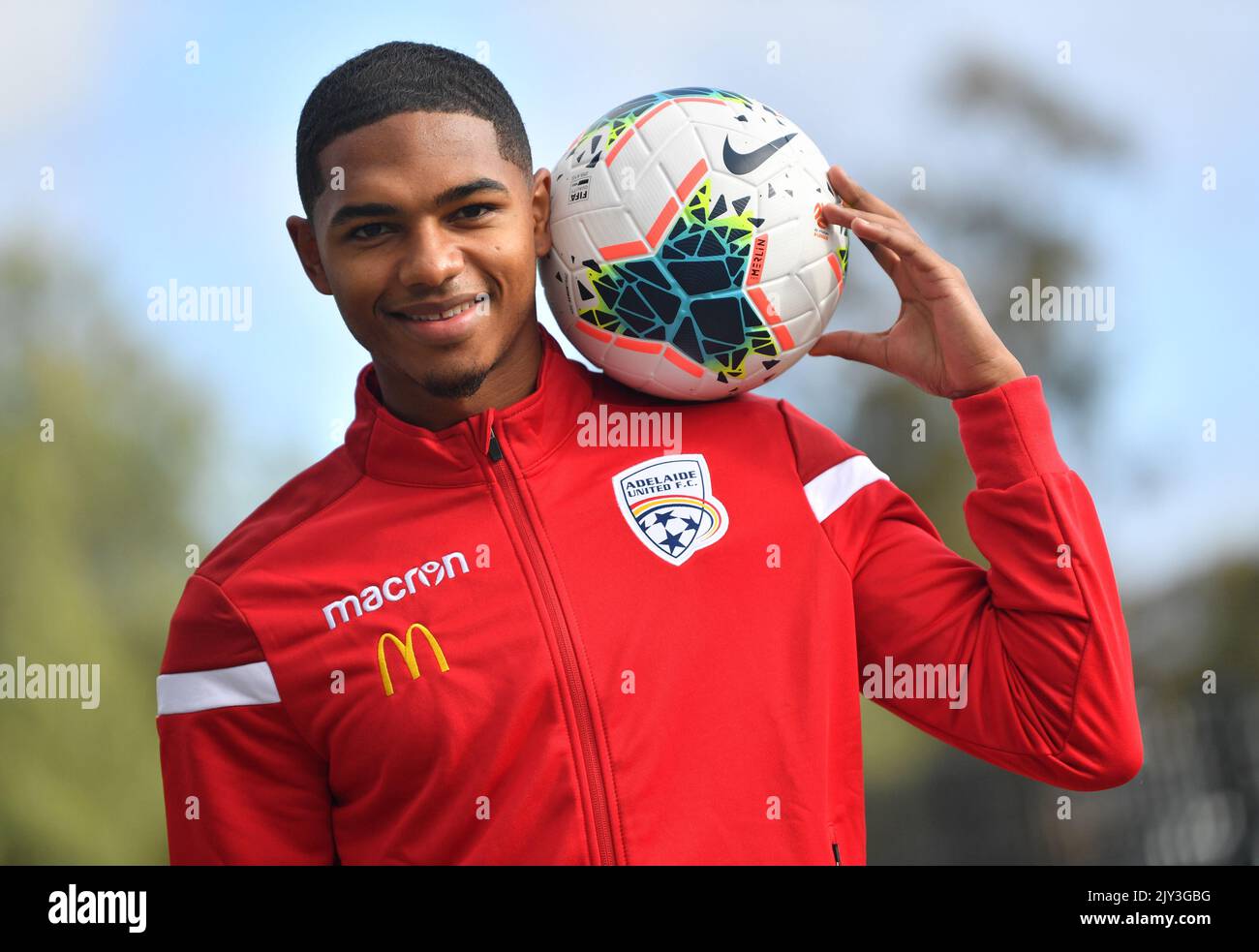 New Adelaide United recruit Michael Maria poses for a photograph at the ...