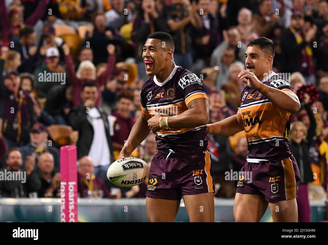 Jamayne Isaako of the Broncos reacts after scoring a try during the ...