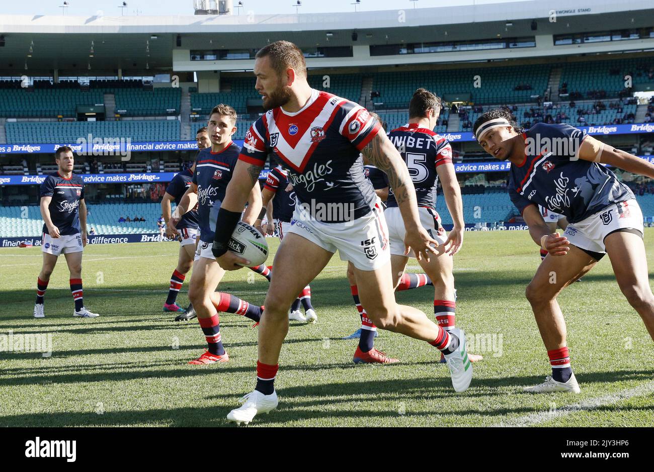 Jared Waerea-Hargreaves of the Roosters warms up before the Round 18 ...